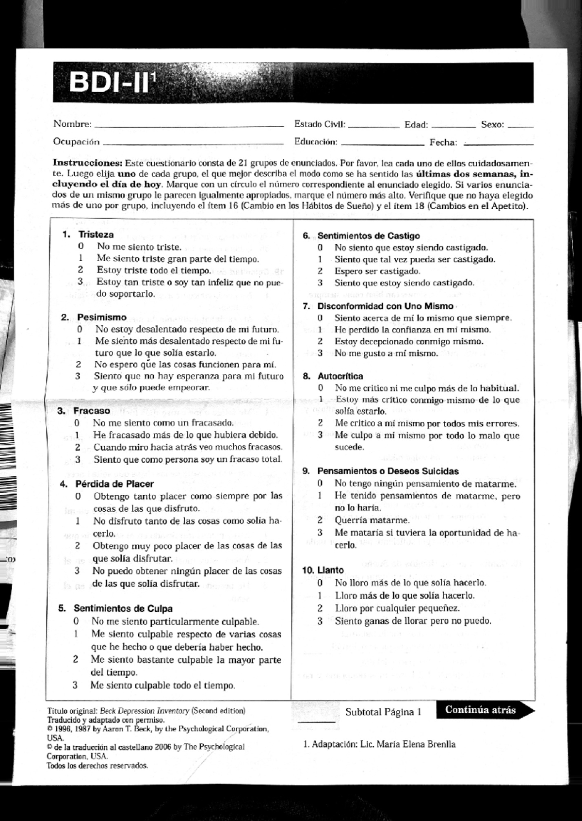 BDI II - Psicología Laboral - Studocu