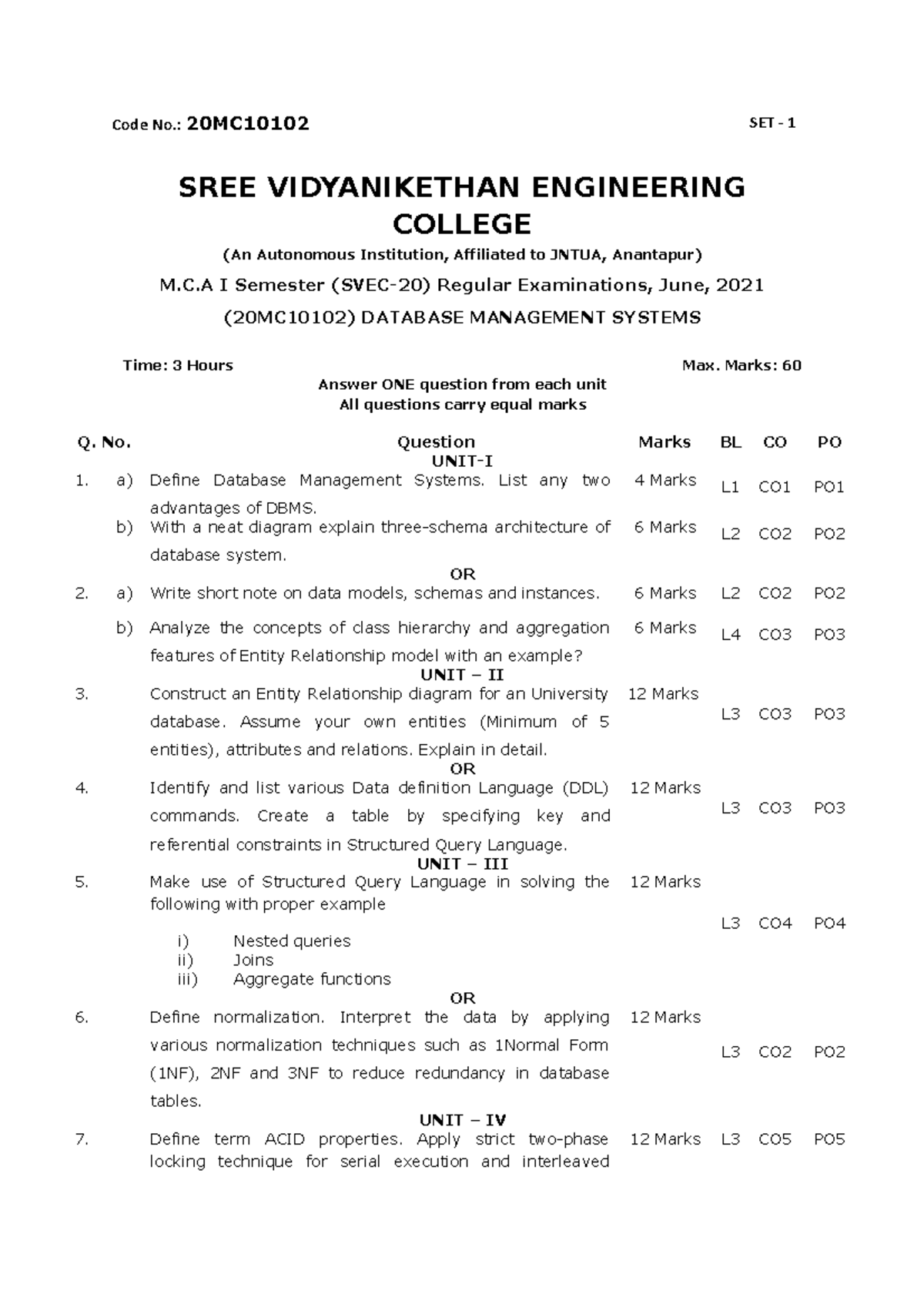 Database Management Systems Code No 20mc10102 Set 1 Sree 7417