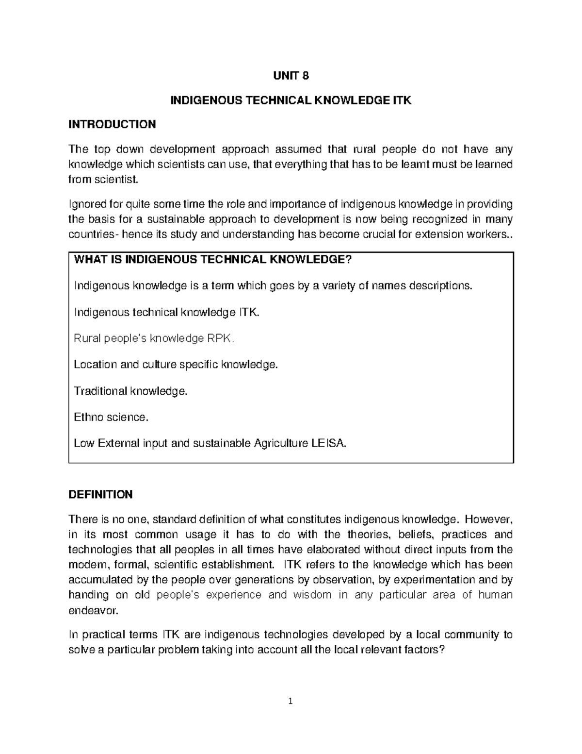 UNIT 8 Notes Indigenous Technical Knowledge - UNIT 8 INDIGENOUS ...