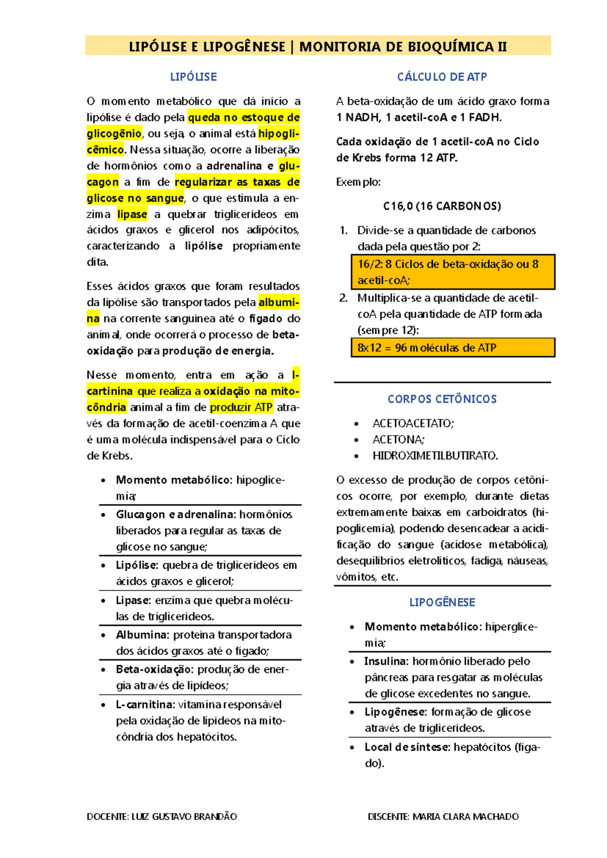 Resumo Lipolise Lipogenese - LIPÓLISE E LIPOGÊNESE | MONITORIA DE ...