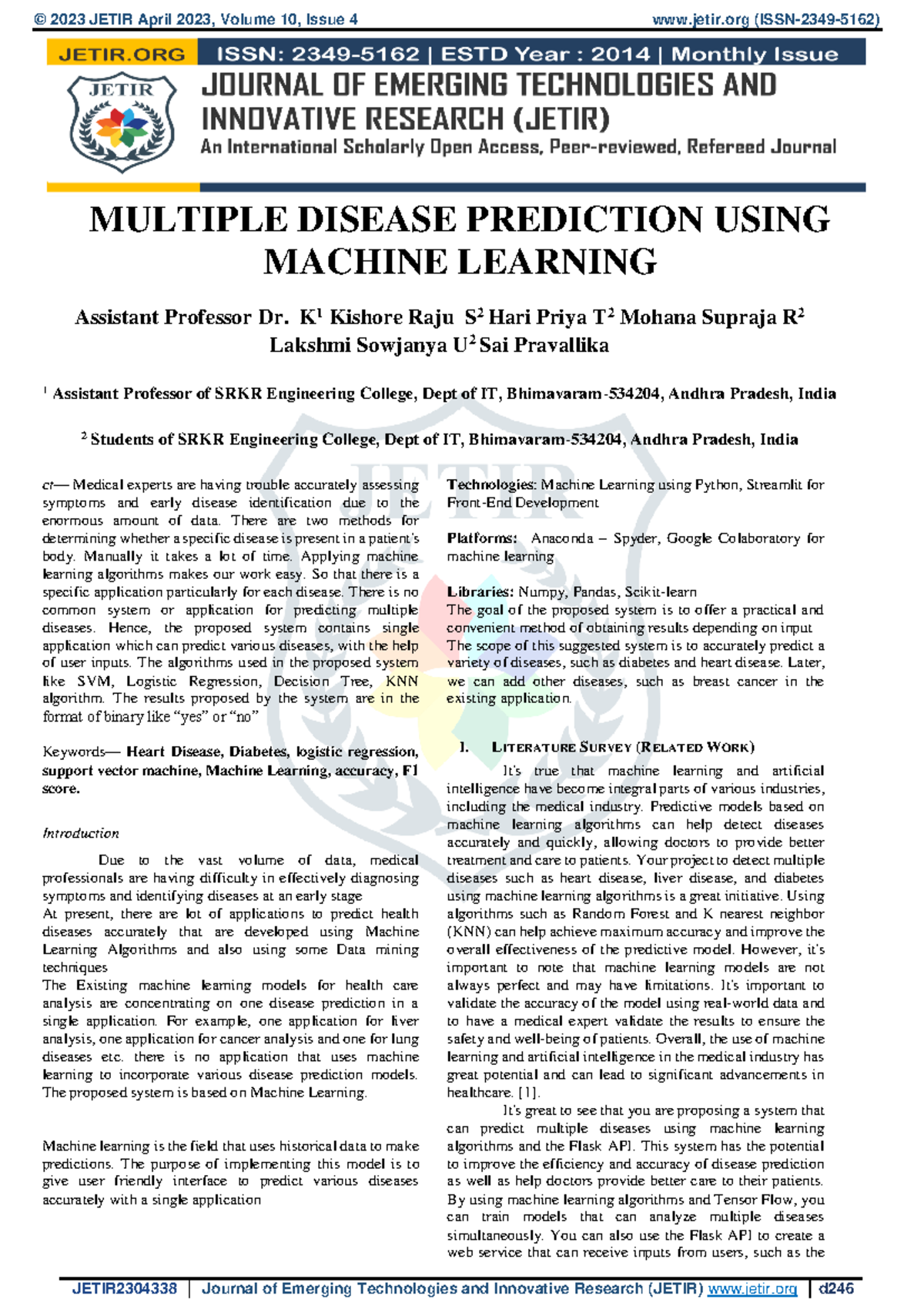 Jetir 2304338 - MULTIPLE DISEASE PREDICTION USING MACHINE LEARNING ...