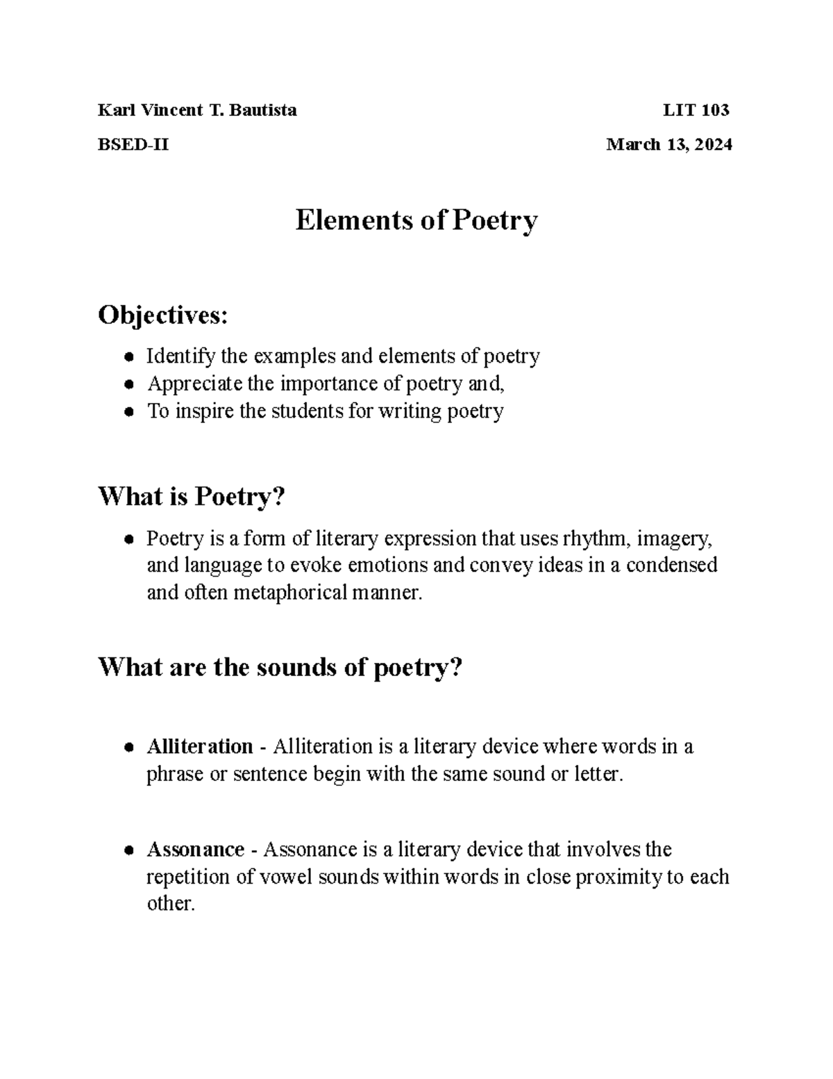 Elements-of-Poetry - Karl Vincent T. Bautista LIT 103 BSED-II March 13 ...