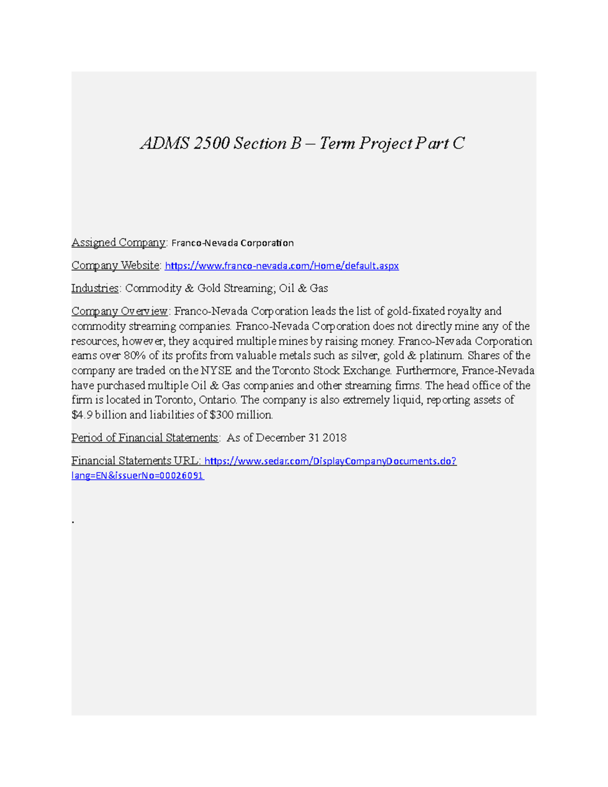 ADMS 2500 - Term Project - A,C - ADMS 2500 Section B Term Project Part ...