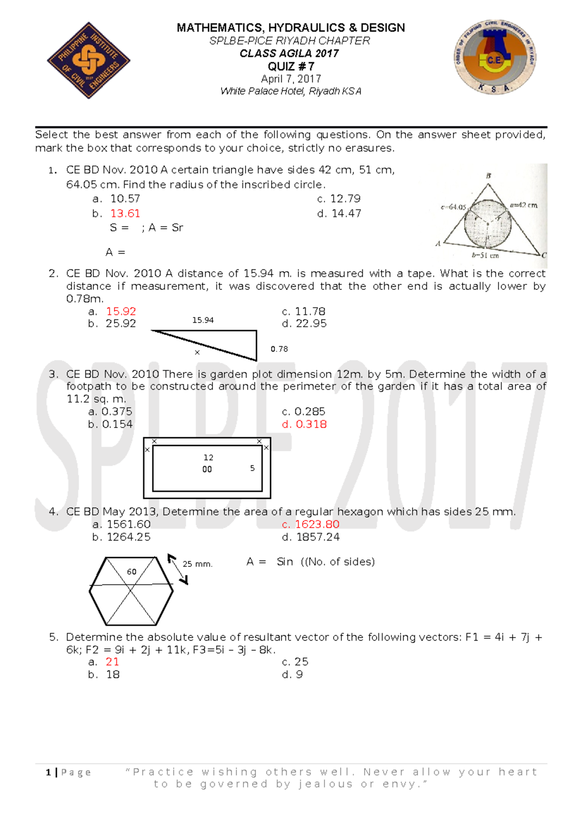 QUIZ#7 Splbe-2017-with solutions - MATHEMATICS, HYDRAULICS & DESIGN ...