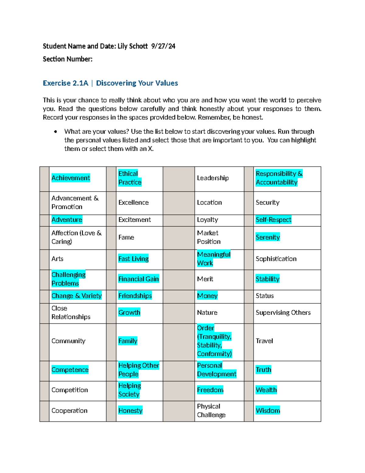 Exercise 2.1 A-D Values, Interests, Personality and Skills FA241 (2 ...