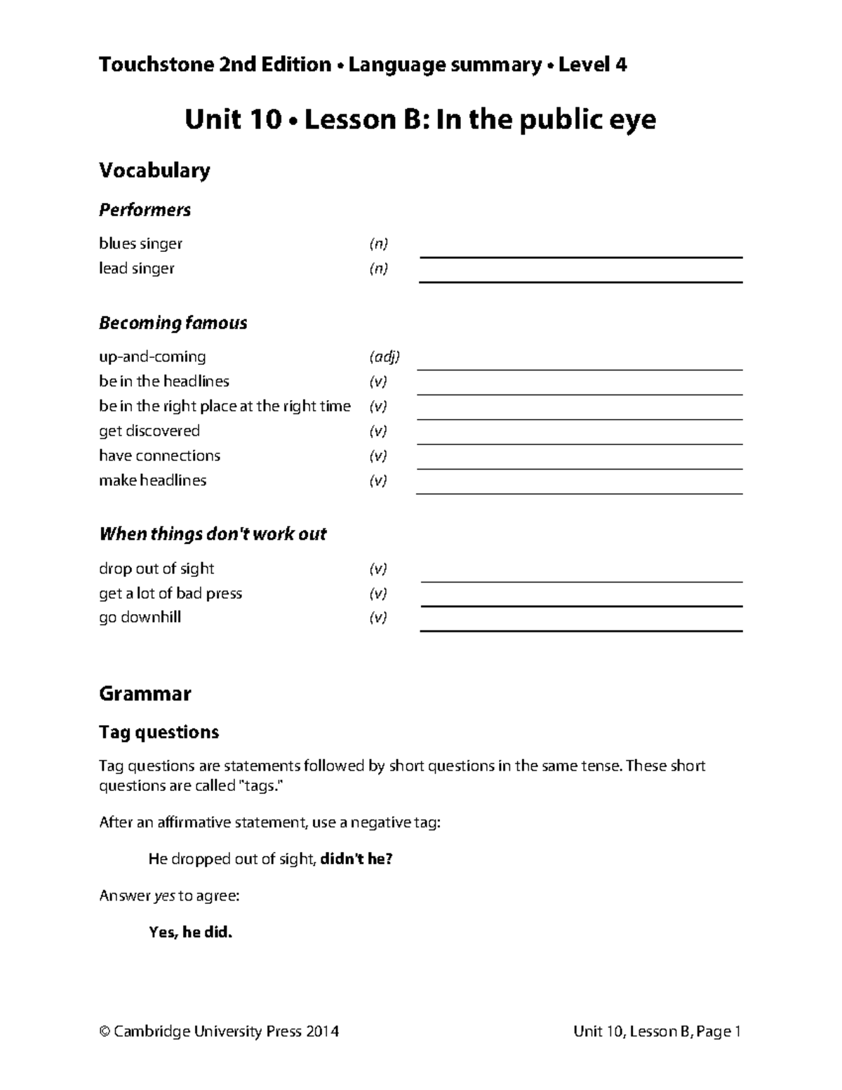 TS2e L4 U10 LB Langsum - APUNTE - Touchstone 2nd Edition • Language summary • Level 4 Unit 10 ...