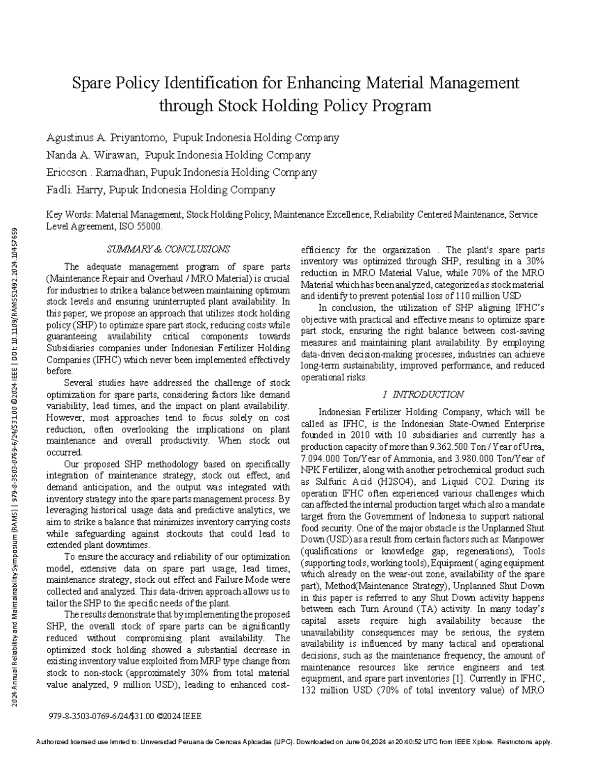 Spare Policy Identification for Enhancing Material Management through ...