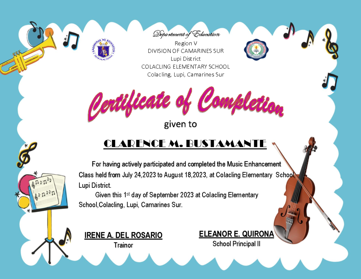 Certificate ukelele violin 1 - Region V DIVISION OF CAMARINES SUR Lupi ...