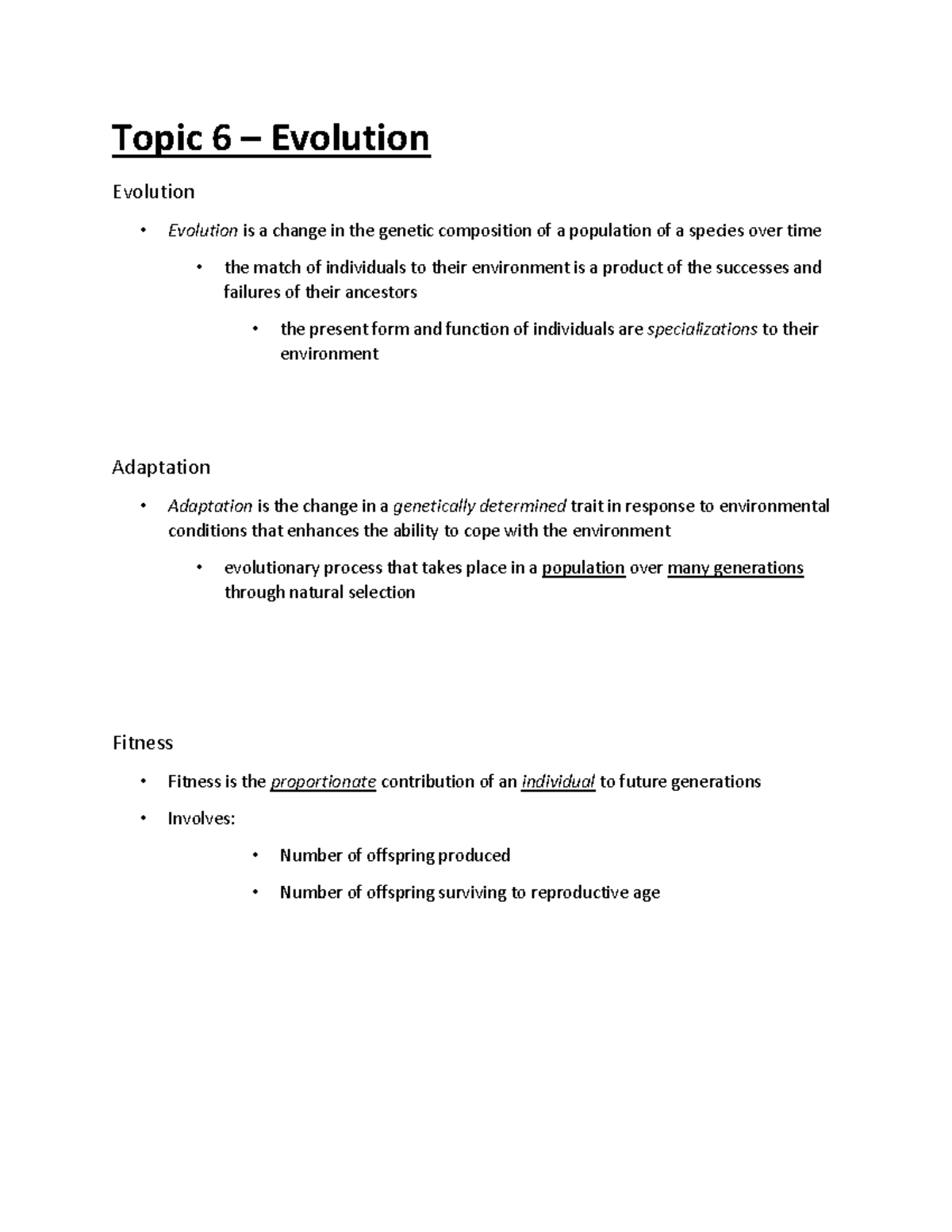 Topic 6 - Evolution - Lecture notes pdf - Topic 6 – Evolution Evolution ...