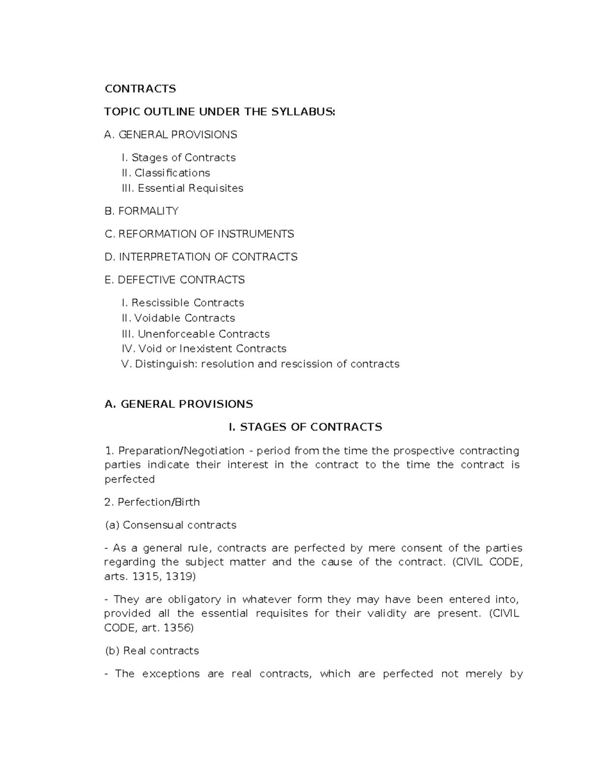Notes on Contracts - none - CONTRACTS TOPIC OUTLINE UNDER THE SYLLABUS ...