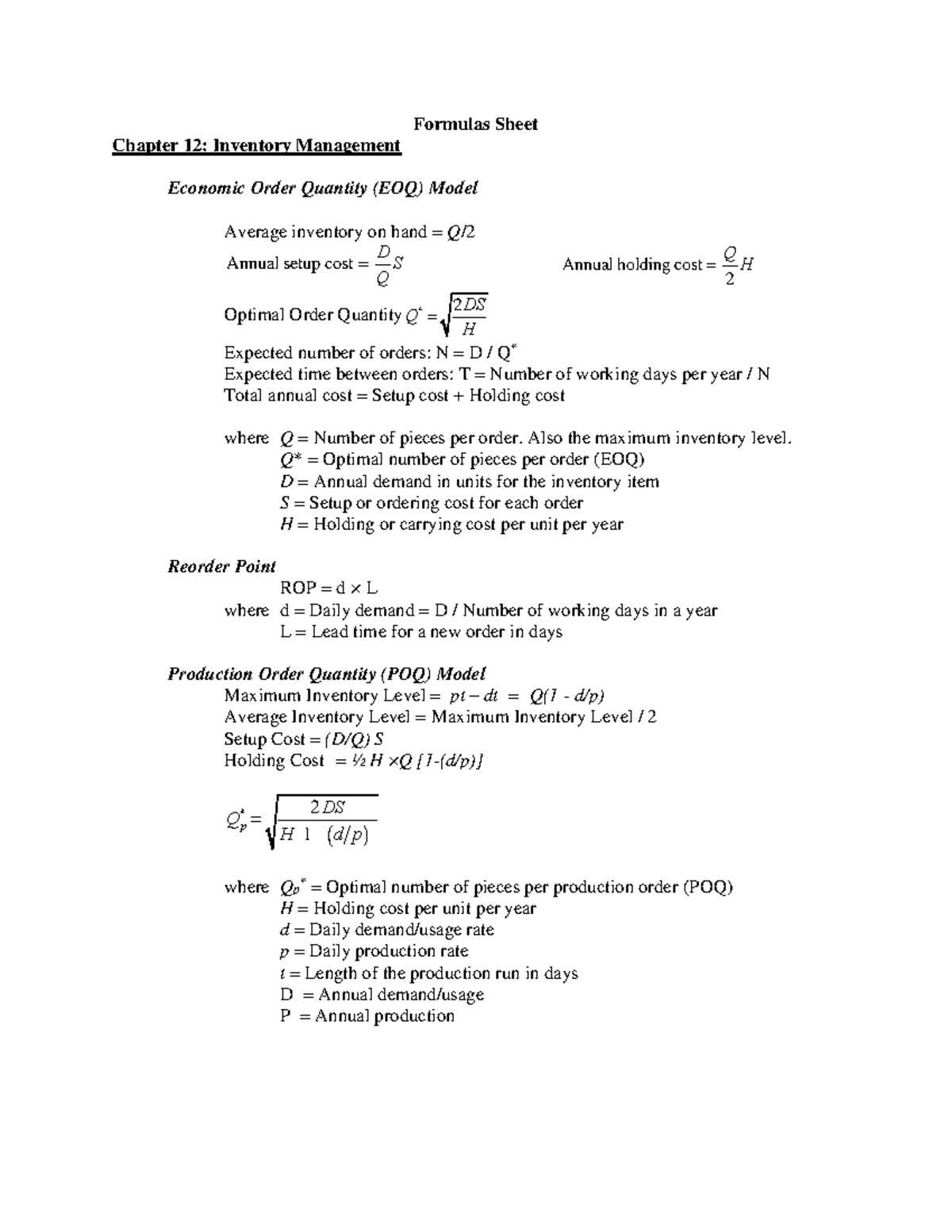 Final Exam Formulas Sheet-3 - Formulas Sheet Chapter 12: Inventory ...