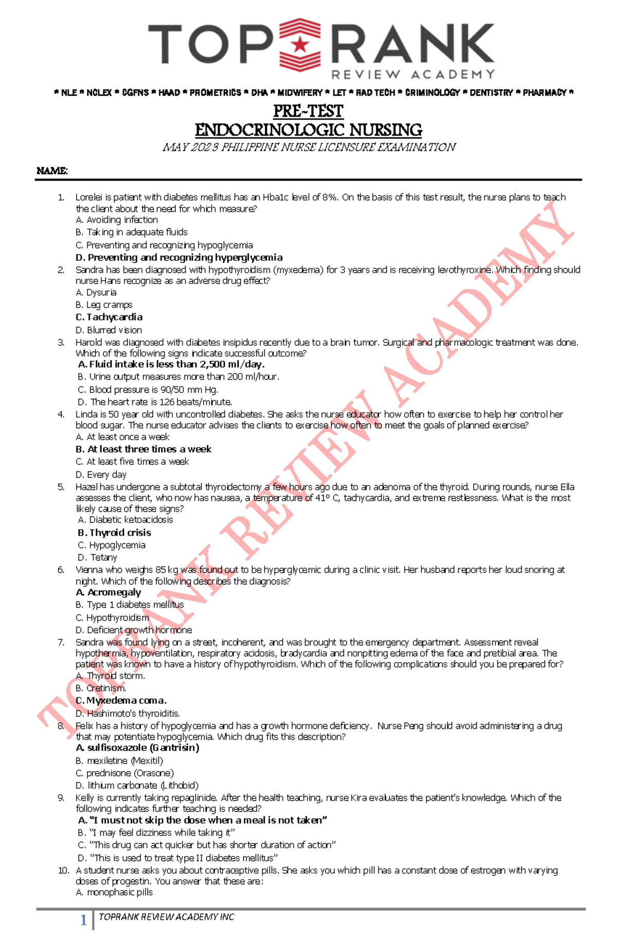 Pretest-ENDO - n/a - 1 TOPRANK REVIEW ACADEMY INC PRE-TEST ...