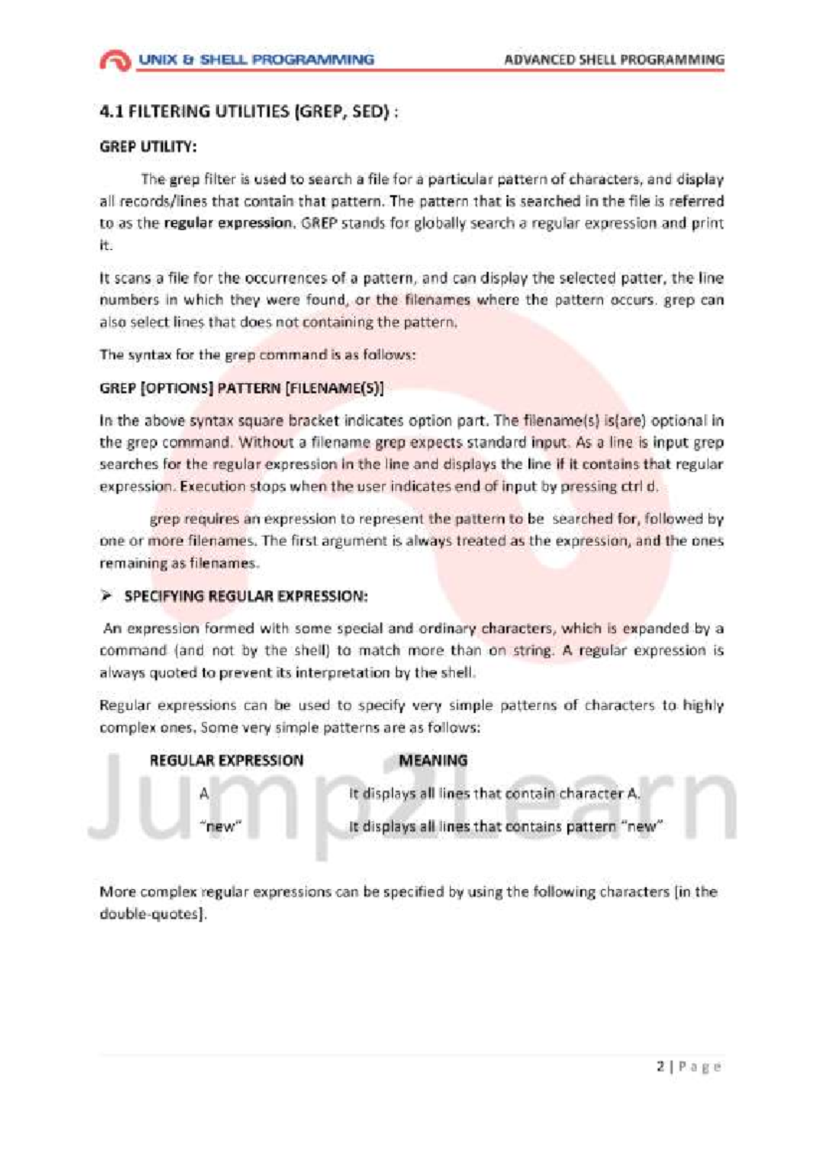 UNIX - 502 Unit-4 - UNIX SHELL PROGRAMMING ADVANCED SHELL PROGRAMMING 4 FILTERING UTILITIES ...