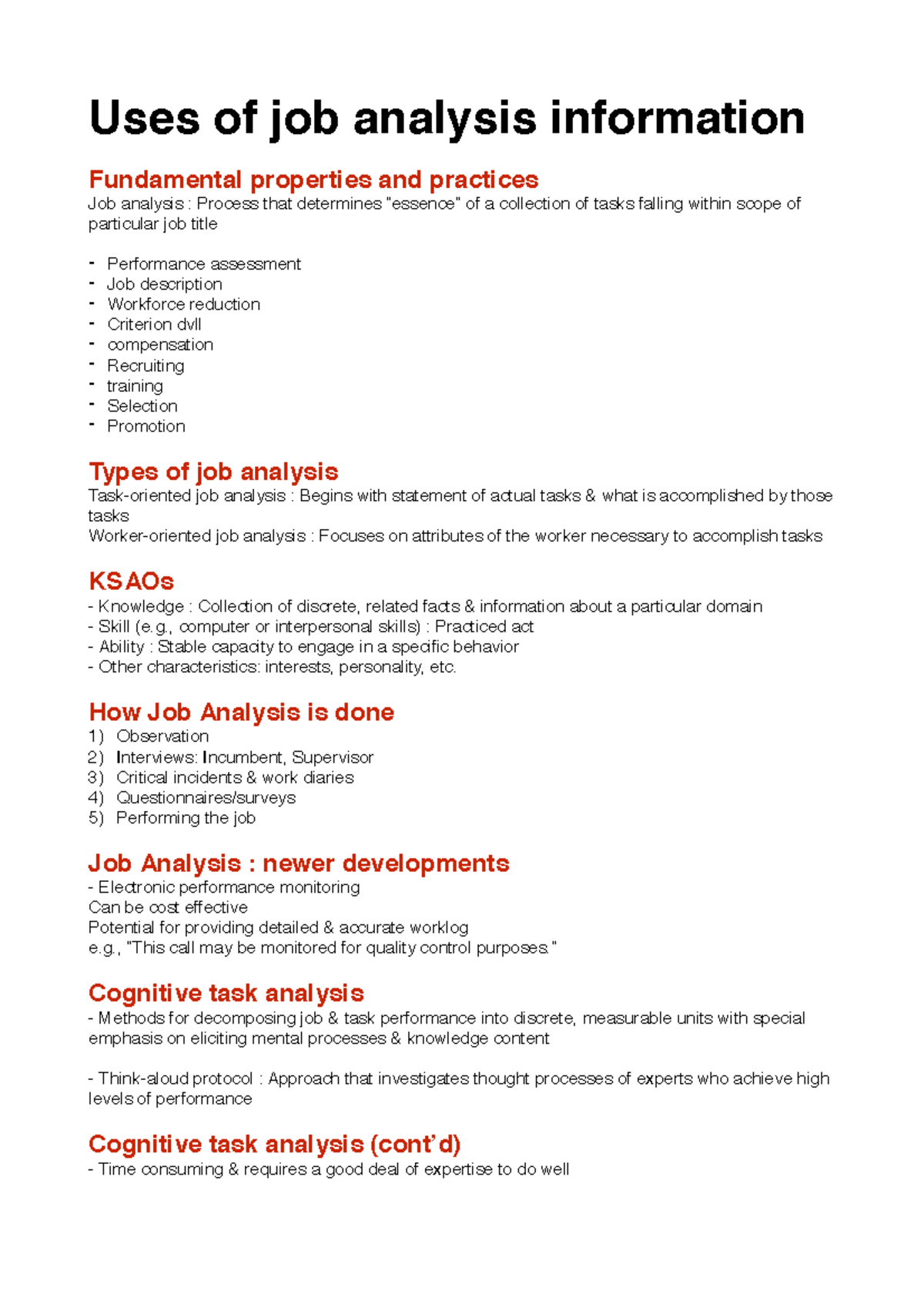 Lecture 6 notes - Uses of job analysis information Fundamental ...