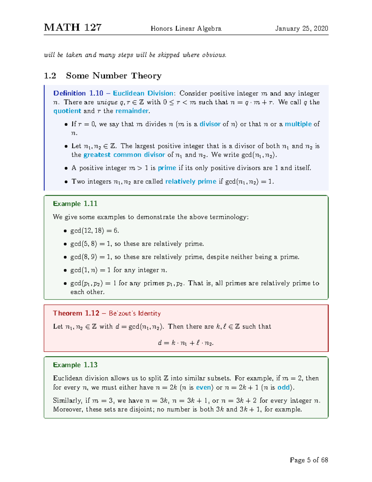 MATH 235-5 - Lecture notes 5 - MATH 127 Honors Linear Algebra January ...