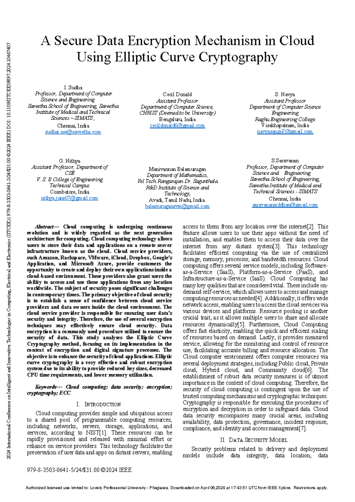 A Secure Data Encryption Mechanism in Cloud Using Elliptic Curve Cryptography - Sudha Professor ...
