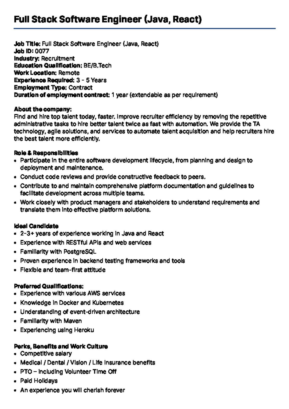 Full Stack Software Engineer Java React 3 5 Years Remote India Full Stack Software