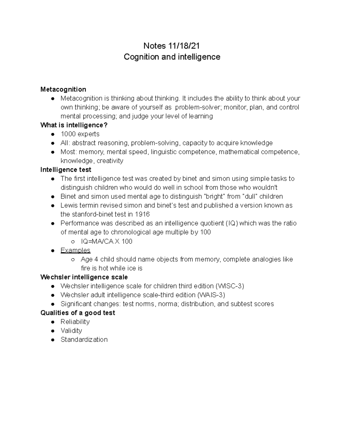 Notes 11 18 21 - Cognition and intelligence - Notes 11/18/ Cognition ...