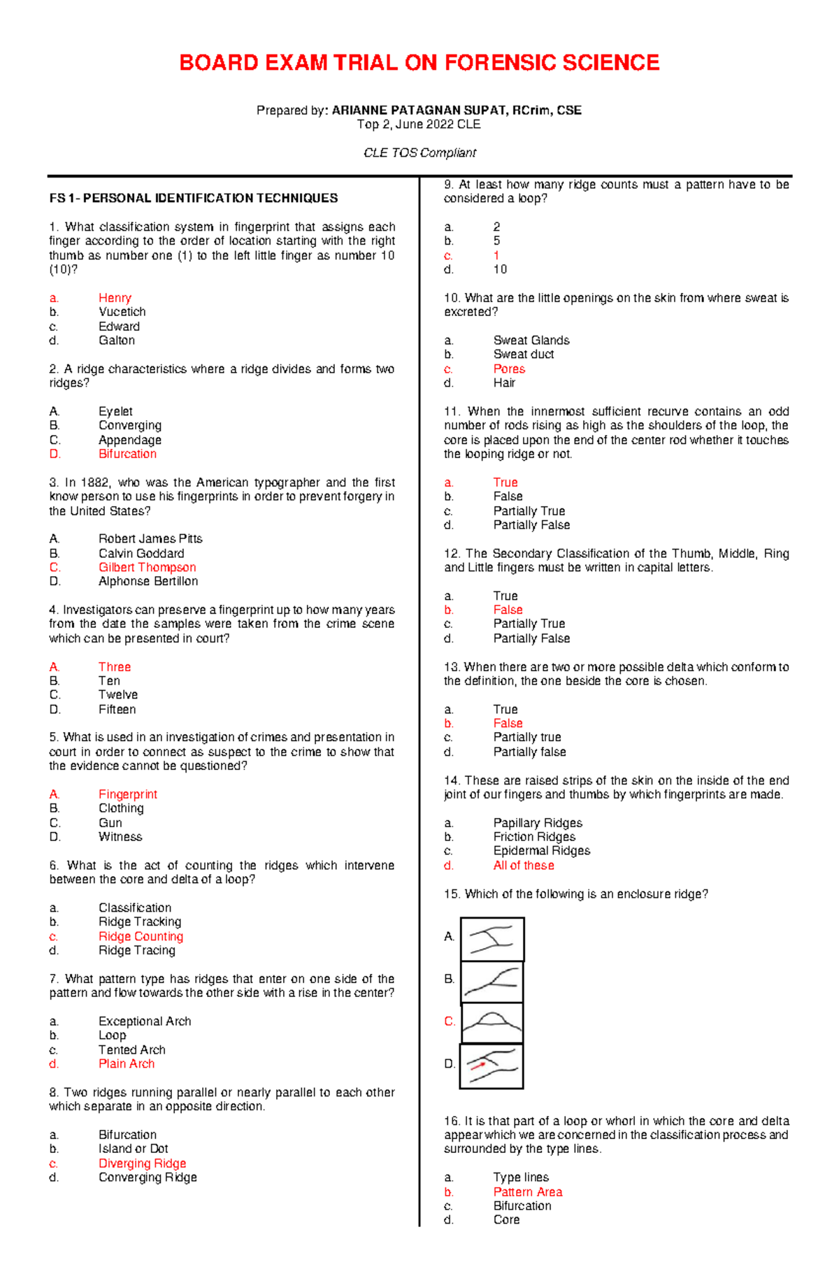 G2- Forensic- Ratio-ANS. KEY - BOARD EXAM TRIAL ON FORENSIC SCIENCE ...