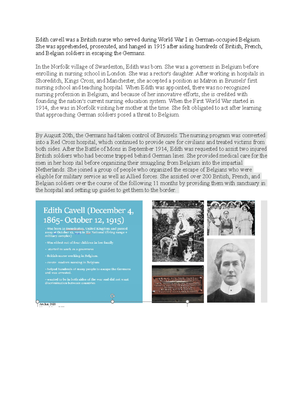 Speak - notes - Edith cavell was a British nurse who served during ...