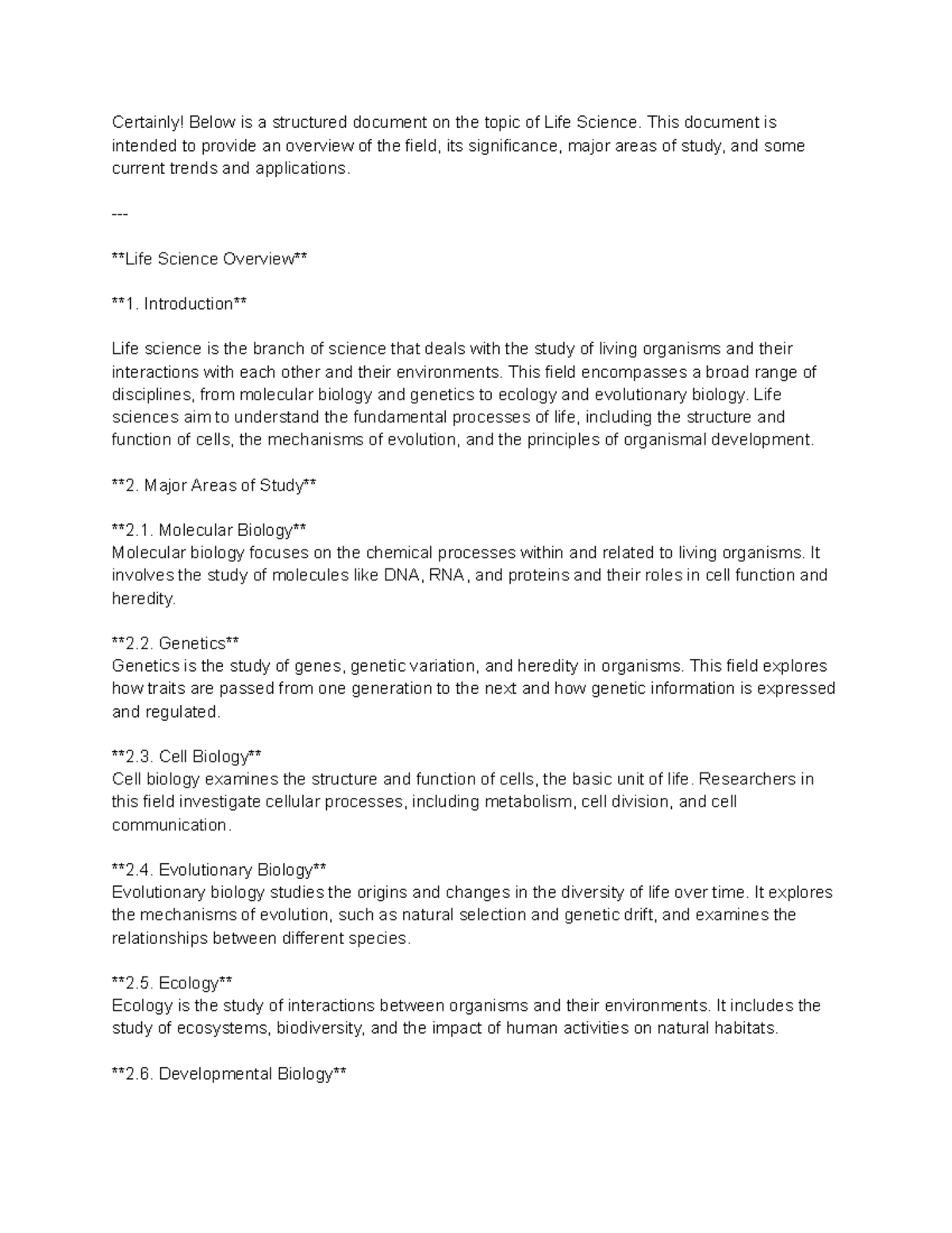LIfe Science - This document is intended to provide an overview of the ...