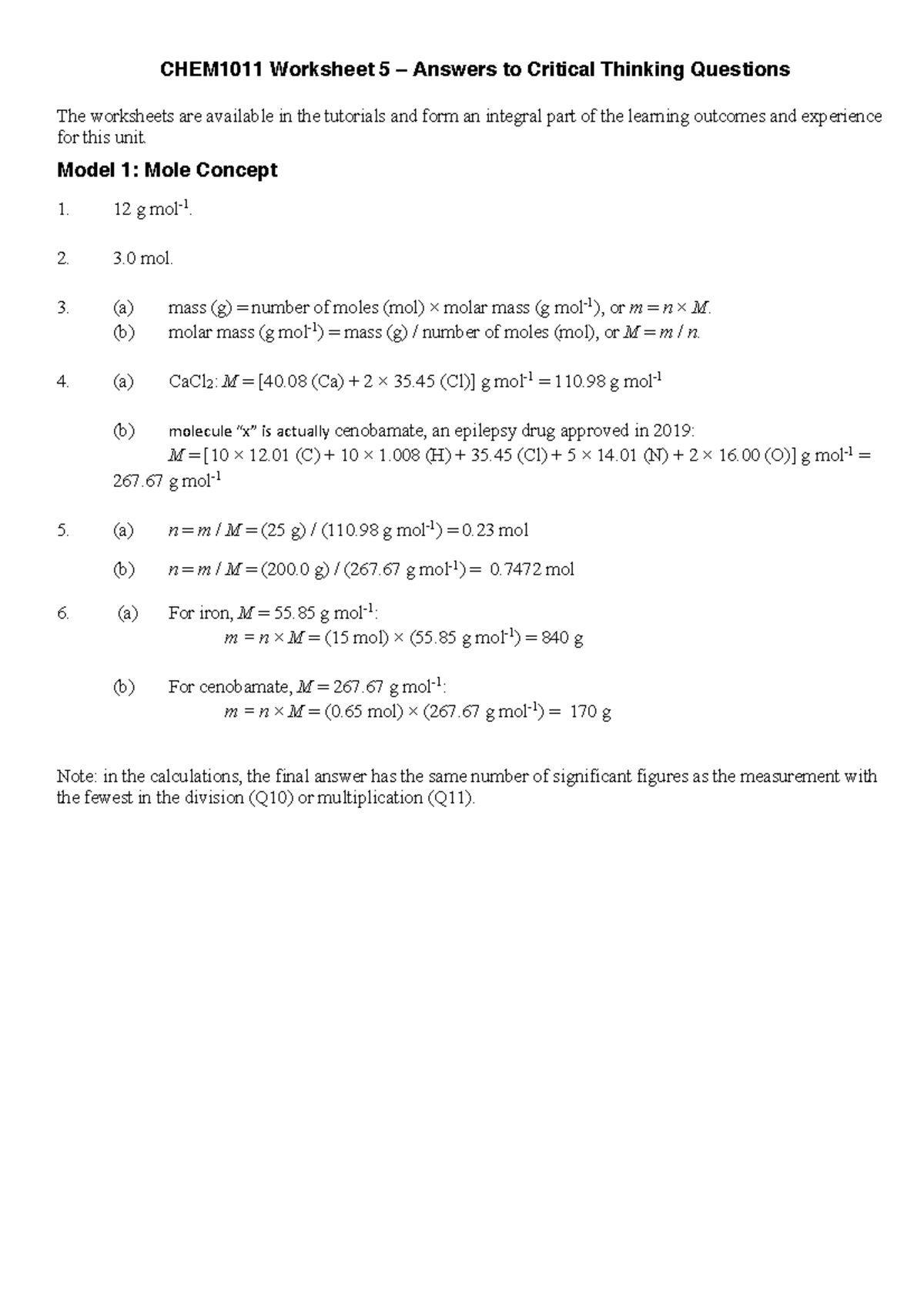 Fundamentals of Chemistry 1A -Tutorial 05 - Answers - CHEM1011 ...