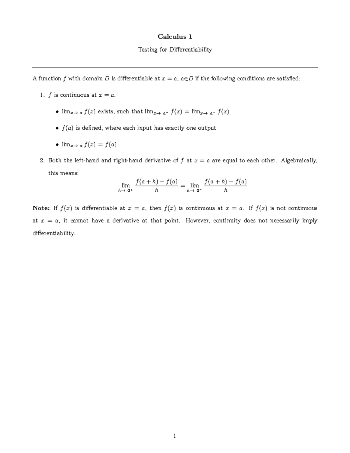 Testing for differentiability - limx→ a f (x) exists, such that limx→ ...
