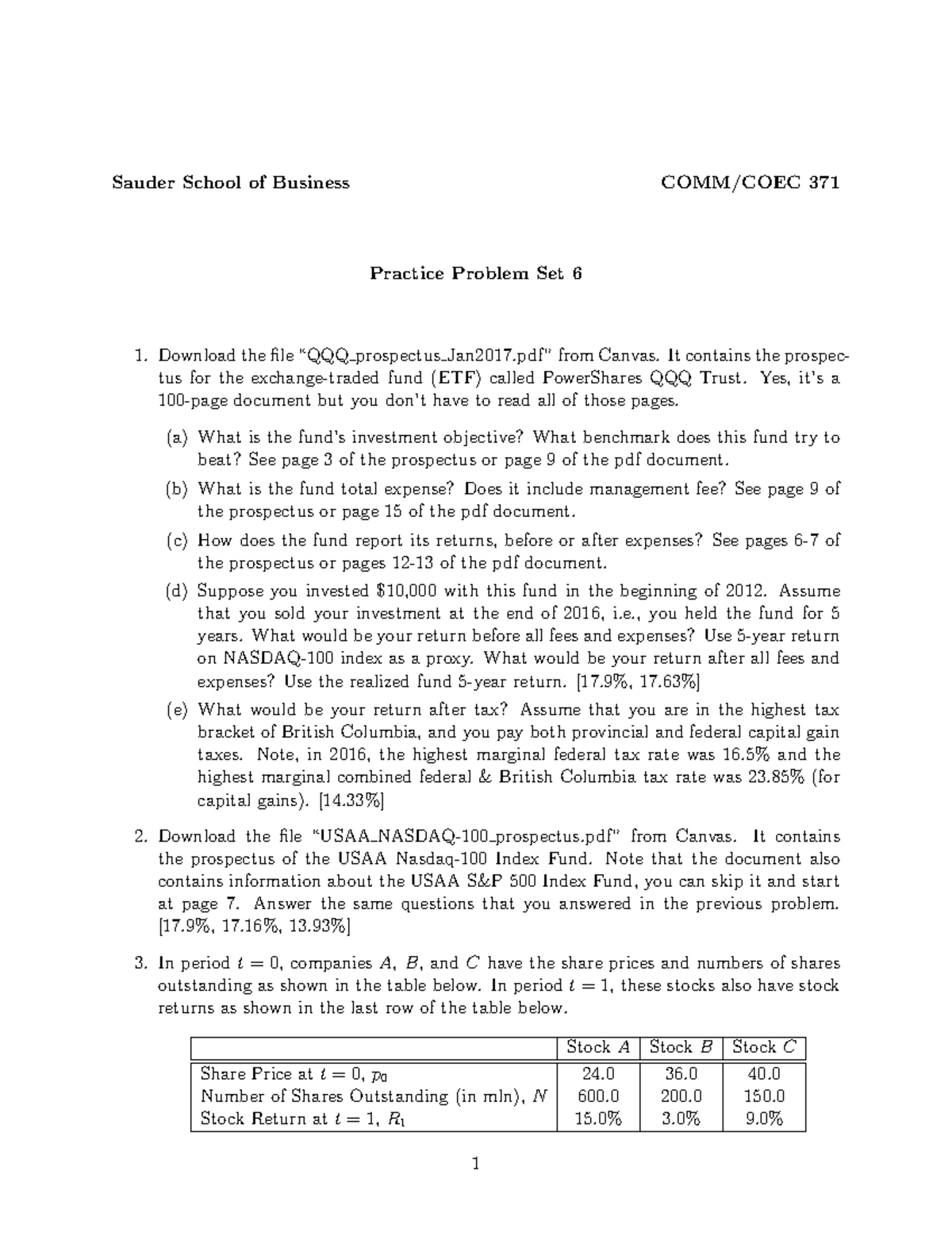 Practice Sheet 6 - Sauder School of Business COMM/COEC 371 Practice Problem Set 6 Download the ...
