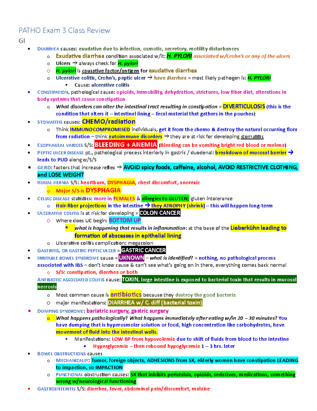 Patho EXAM 3 Class Review - PATHO Exam 3 Class Review GI D IARRHEA ...