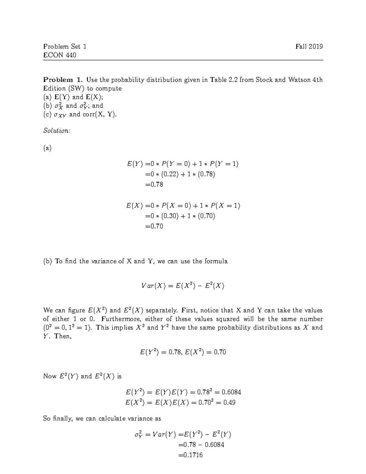 Problem Set 1 Metrics Solutions - ECON 440 Problem 1. Use the ...