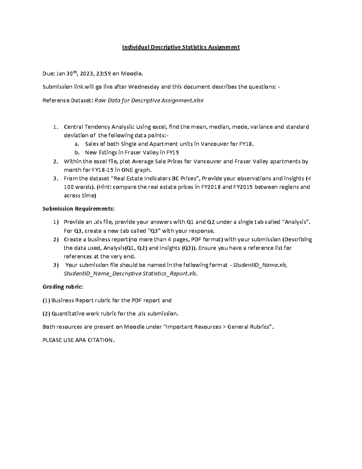 Descriptive Statistics Assignment Questions - Individual Descriptive ...