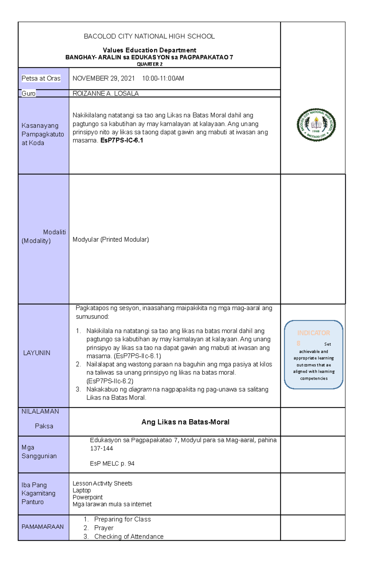 ESP Lesson Plan Q2 MELC 6 - BACOLOD CITY NATIONAL HIGH SCHOOL Values ...