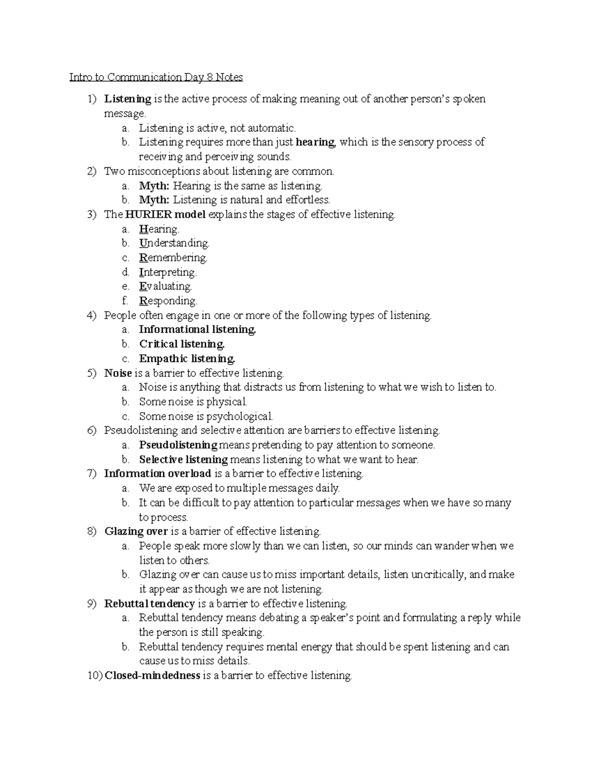 Intro to Communication Day 8 Notes - a. Listening is active, not ...