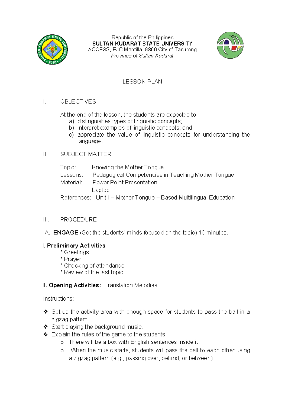 Lesson plan final ni samrodin - Republic of the Philippines SULTAN KUDARAT STATE UNIVERSITY ...