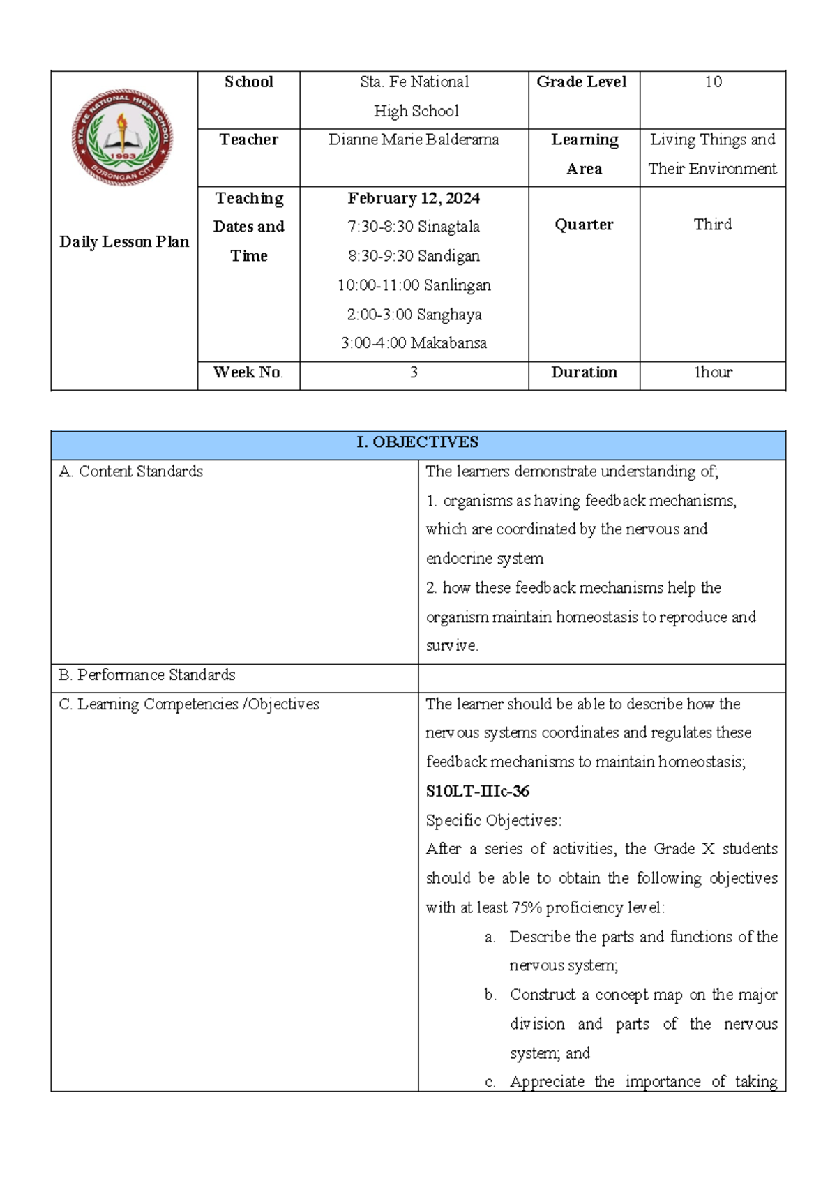 DLP 4 dianne biology - Daily Lesson Plan School Sta. Fe National High ...