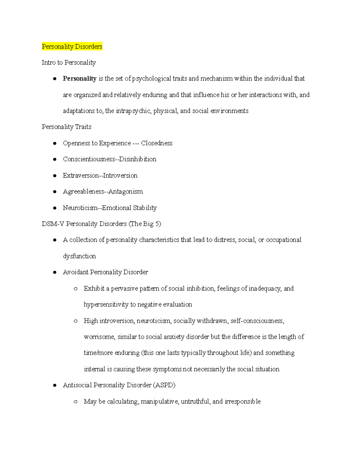 Personality Disorders - Studocu