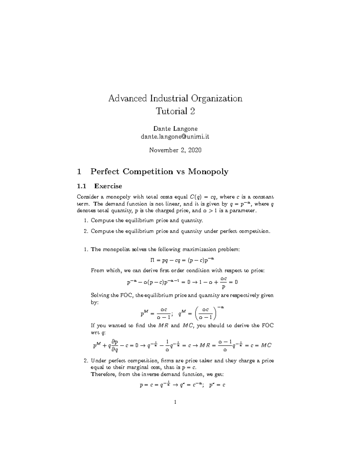 AIO Tutorial 2 - Detailed solution - Advanced Industrial Organization ...