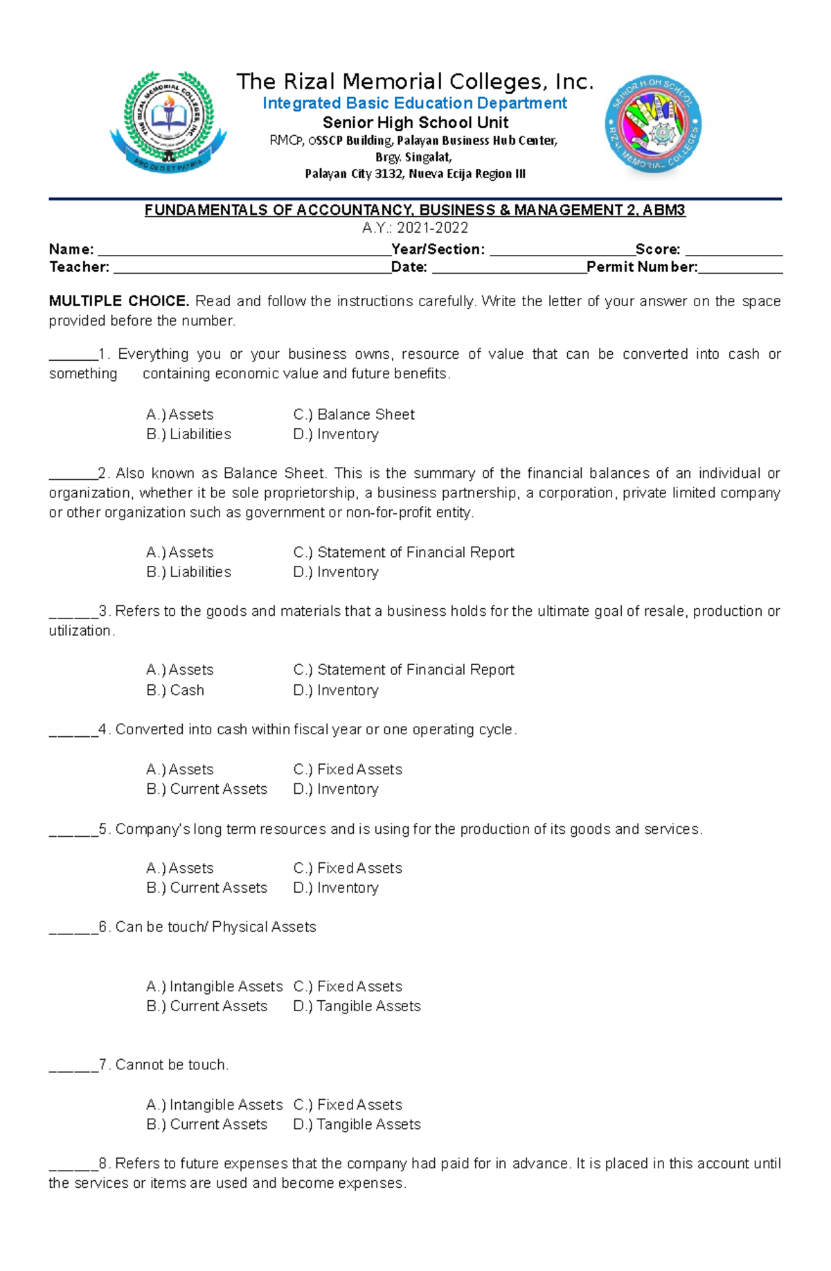 TQ-ABM 3 Exam - Humanities test test question and table of ...