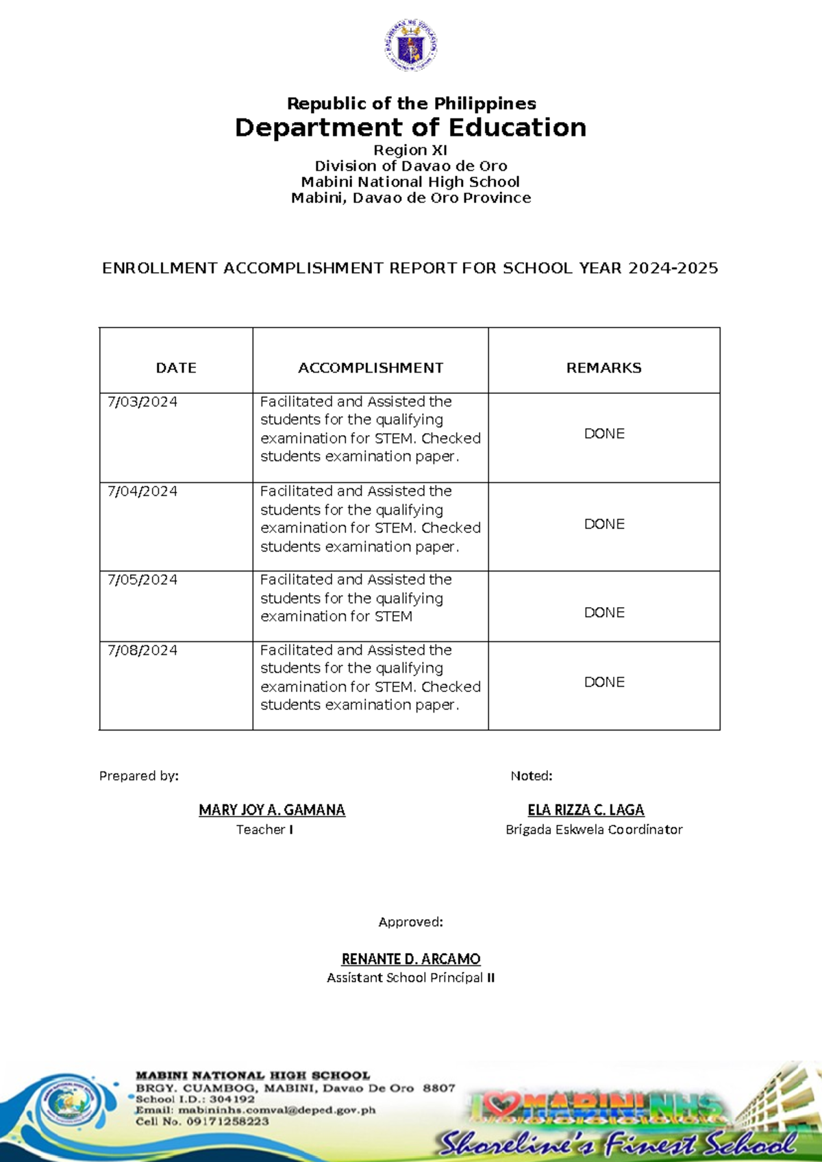 Brigada Accomplishment Report FOR School YEAR 2023 - Republic of the ...