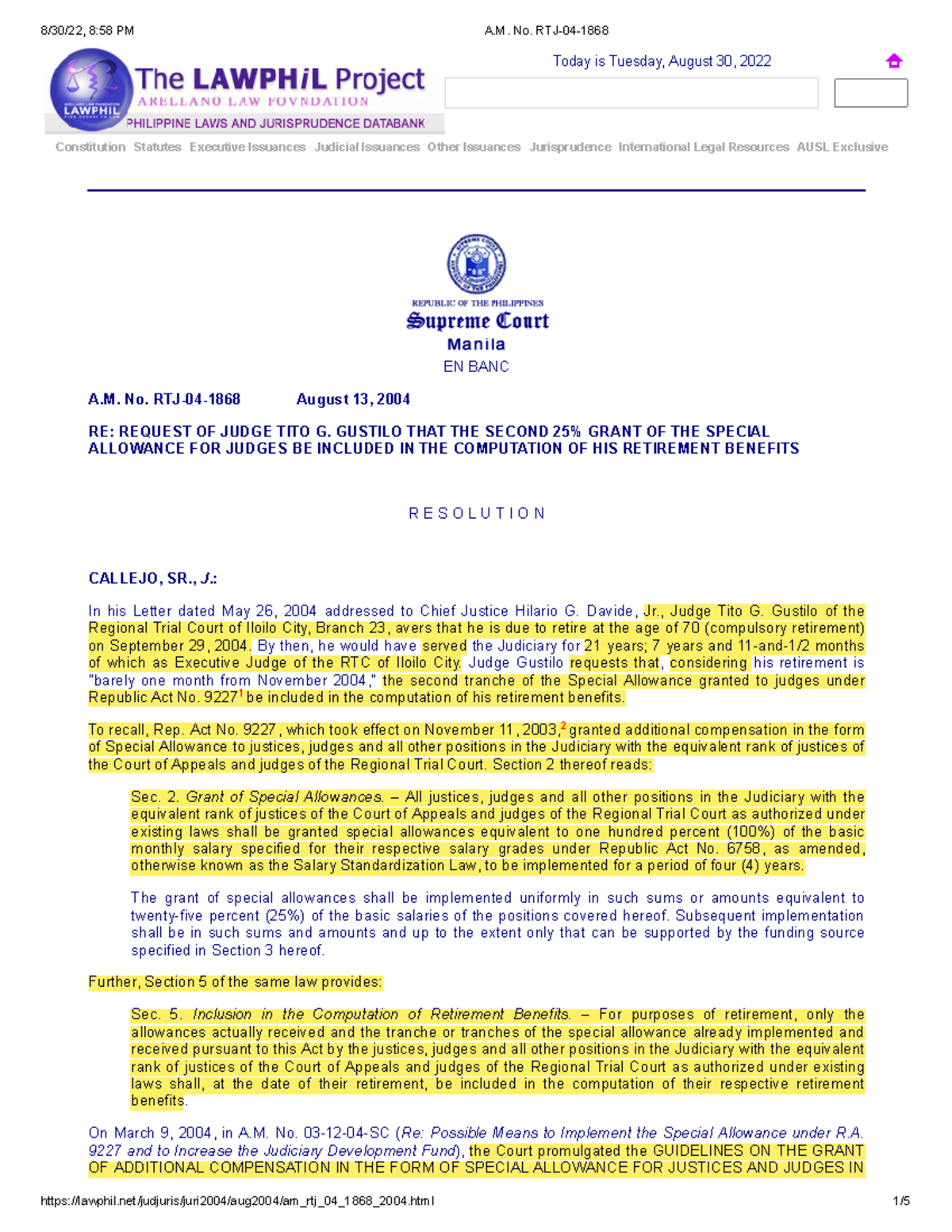 5. A.M. No. RTJ-04-1868 - Constitution Statutes Executive Issuances ...