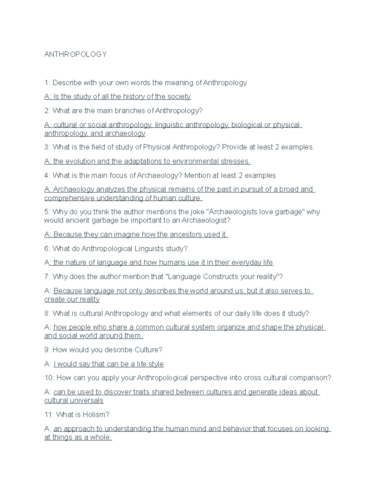 Act1 - Act 1 - ANTHROPOLOGY 1: Describe with your own words the meaning ...