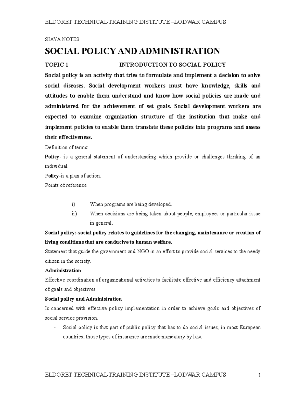 Social policy and admistration - SIAYA NOTES SOCIAL POLICY AND ...