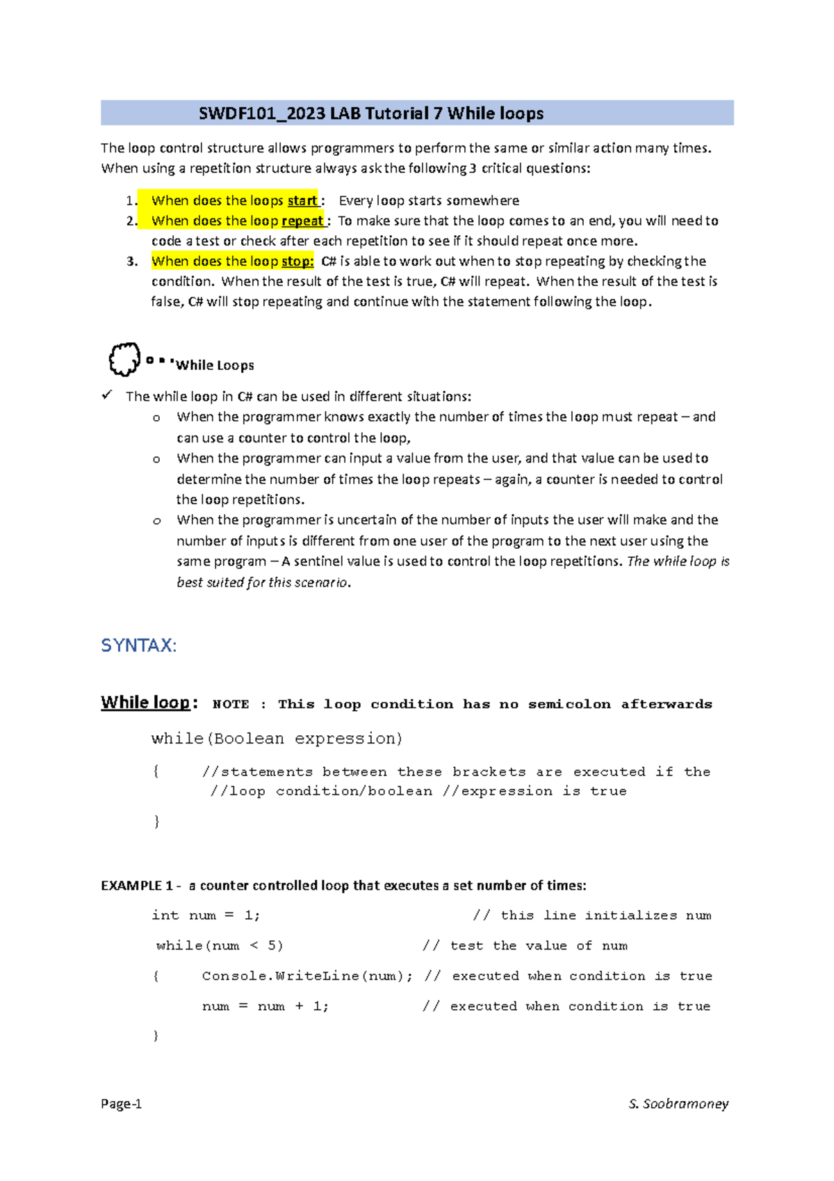 SWDF101 2023 LAB Tutorial 7 While loop A - SWDF101_2023 LAB Tutorial 7 While loops The loop ...
