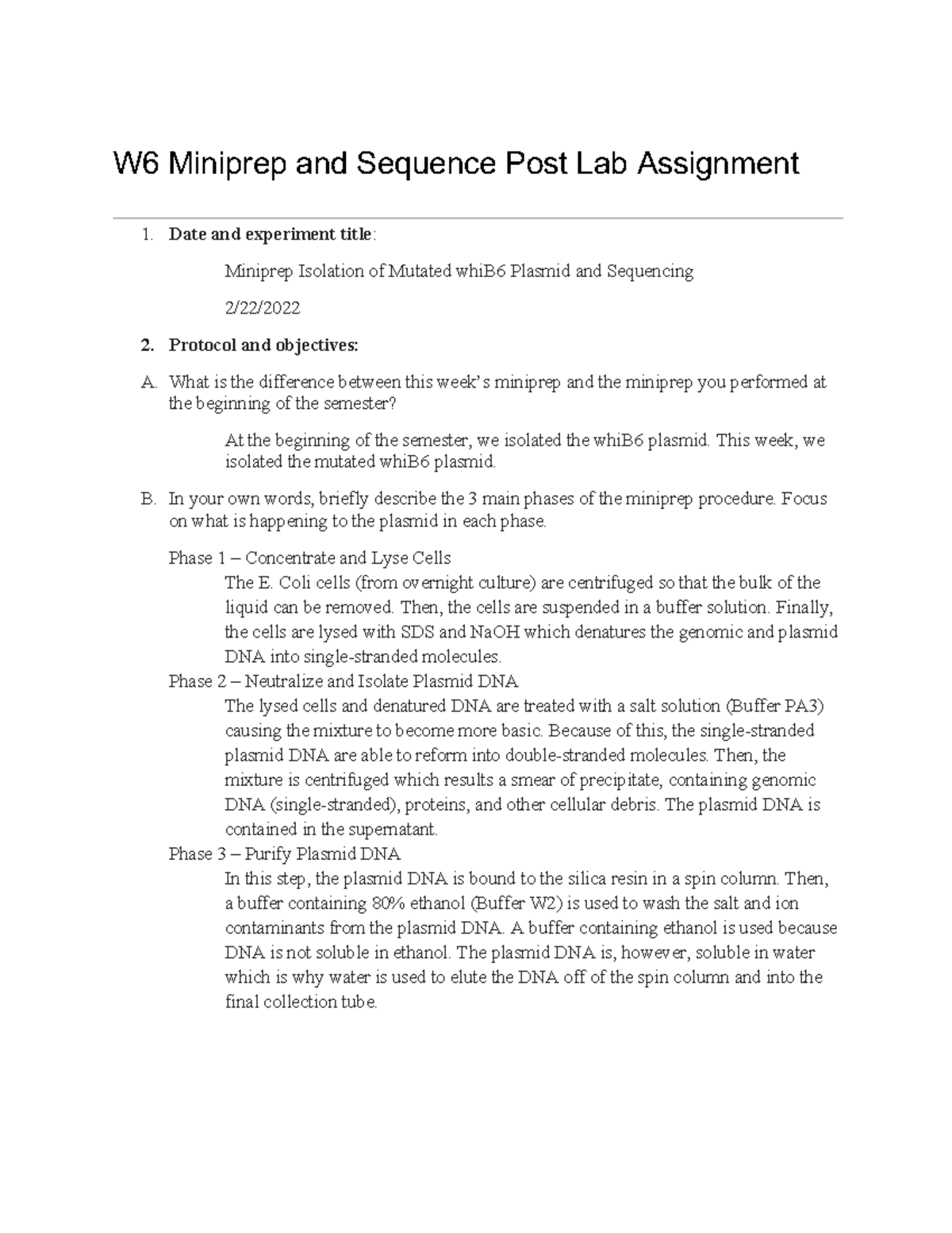 W6 Miniprep and Sequence Postlab - Date and experiment title : Miniprep ...