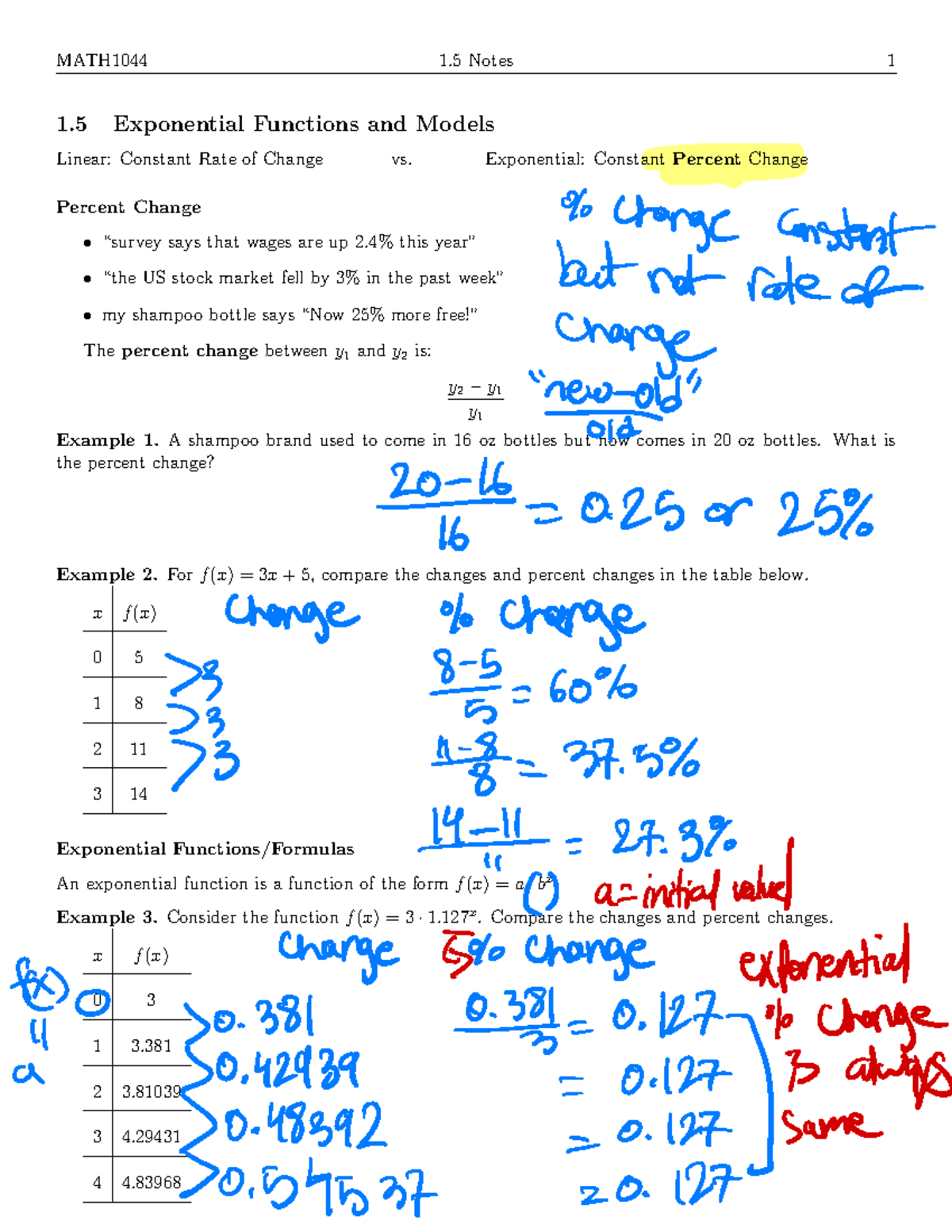 LNs1-05 - 1.5 Lecture Notes - 1 Exponential Functions and Models Linear ...