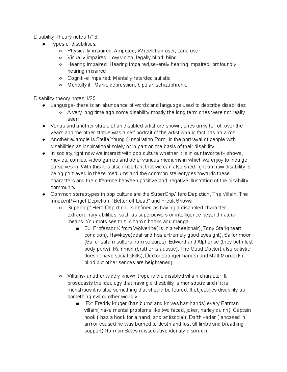 Disability notes - Disability Theory notes 1/ Types of disabilities ...