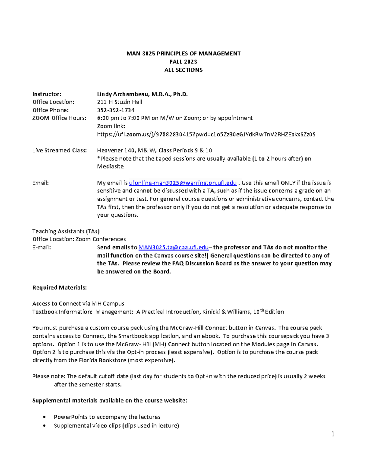 MAN3025 Principles of Management Syllabus - MAN 3025 PRINCIPLES OF ...