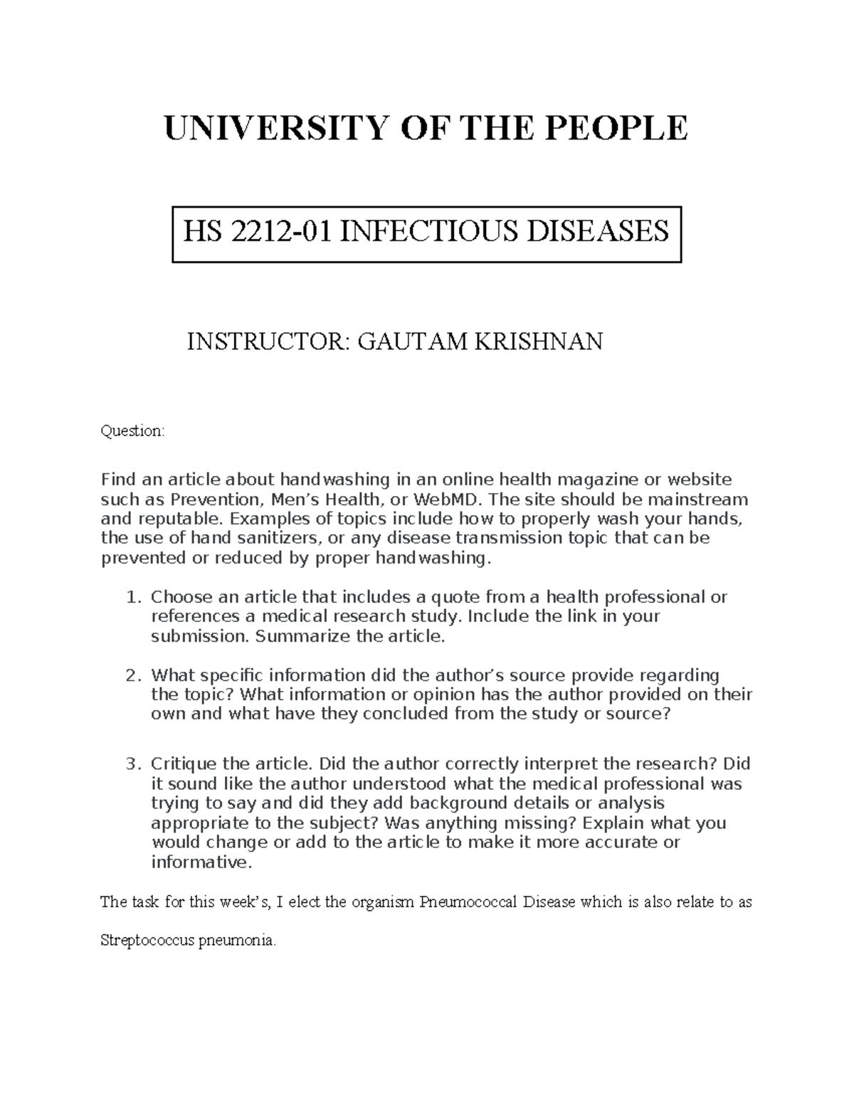 Written assign unit 4 - HS 2212-01 INFECTIOUS DISEASES Question: Find ...