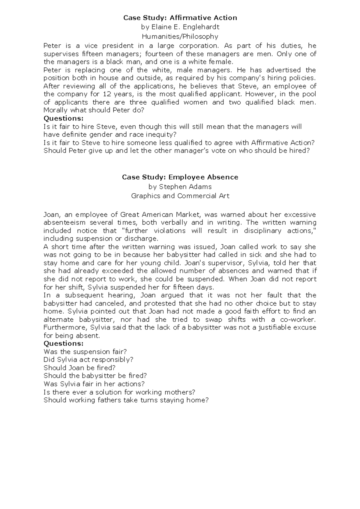 5.03E Ethics Case Study Affirmative Action - Case Study: Affirmative Action by Elaine E ...