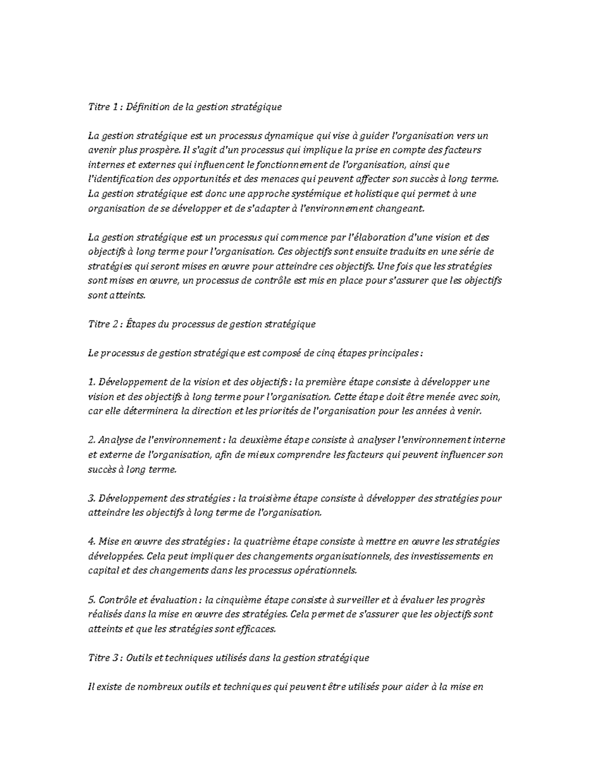 Strategic management Study Notes - Titre 1 : Définition de la gestion ...